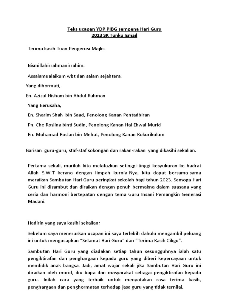 Teks Ucapan YDP PIBG Hari Guru SKTI 2023 | PDF