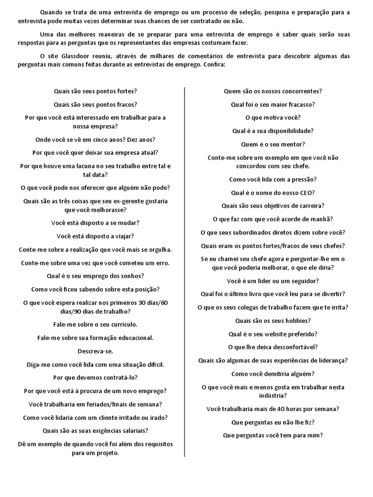 As 50 Perguntas Mais Comuns em Entrevistas de Emprego | PDF