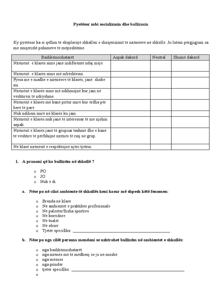 Pyetesor Per Socializimin Bullizmin | PDF