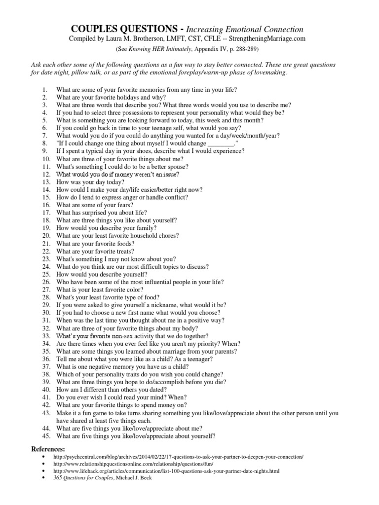 Couples Questions for Emotional Connection | PDF | Cognition | Social ...