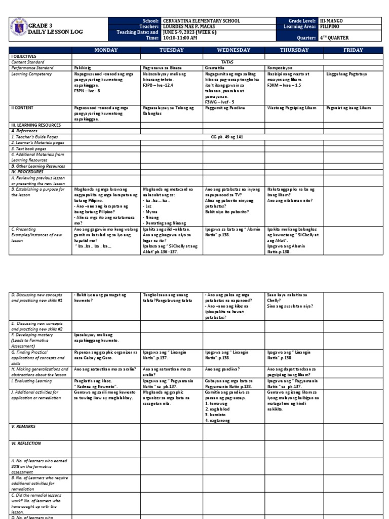 FILIPINO DLL Quarter4 Week6 | PDF