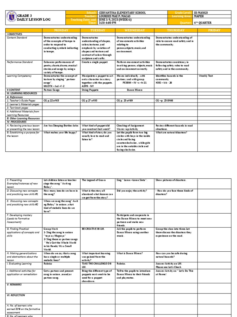 MAPEH DLL Quarter4 Week6 | PDF