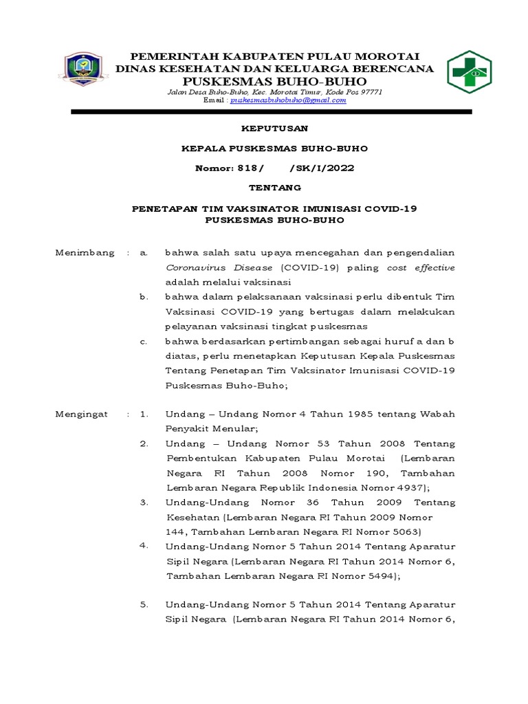 Draft SK Tim Vaksinator Puskesmas Tahun 2022 | PDF