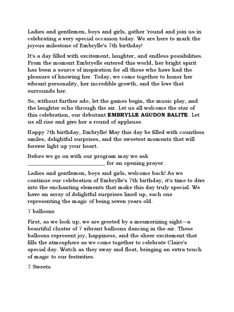 7th Birthday Script | PDF