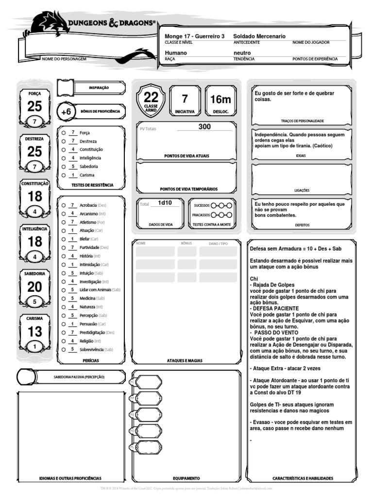 Ficha de Personagem Monge/Guerreiro D&D | PDF