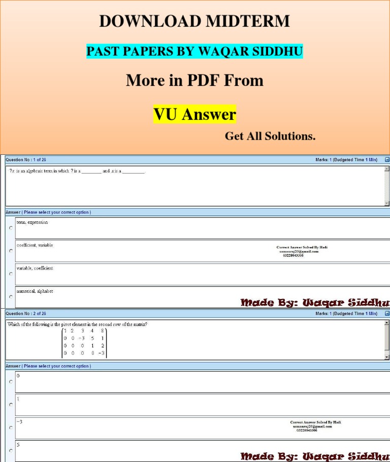 MTH501 Midterm Past Papers by Waqar Siddhu | PDF