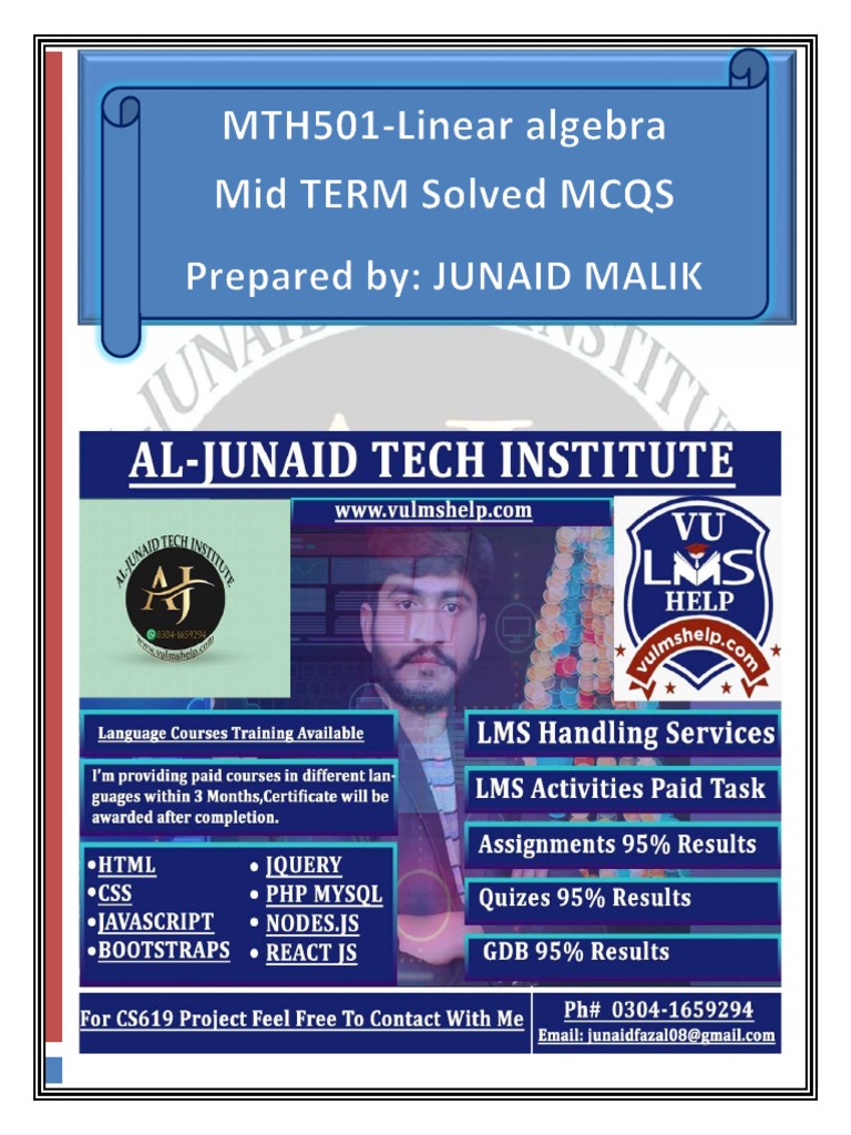 MTH501 MIDTERM SOLVED MCQS by JUNAID | PDF | Matrix (Mathematics) | System Of Linear Equations