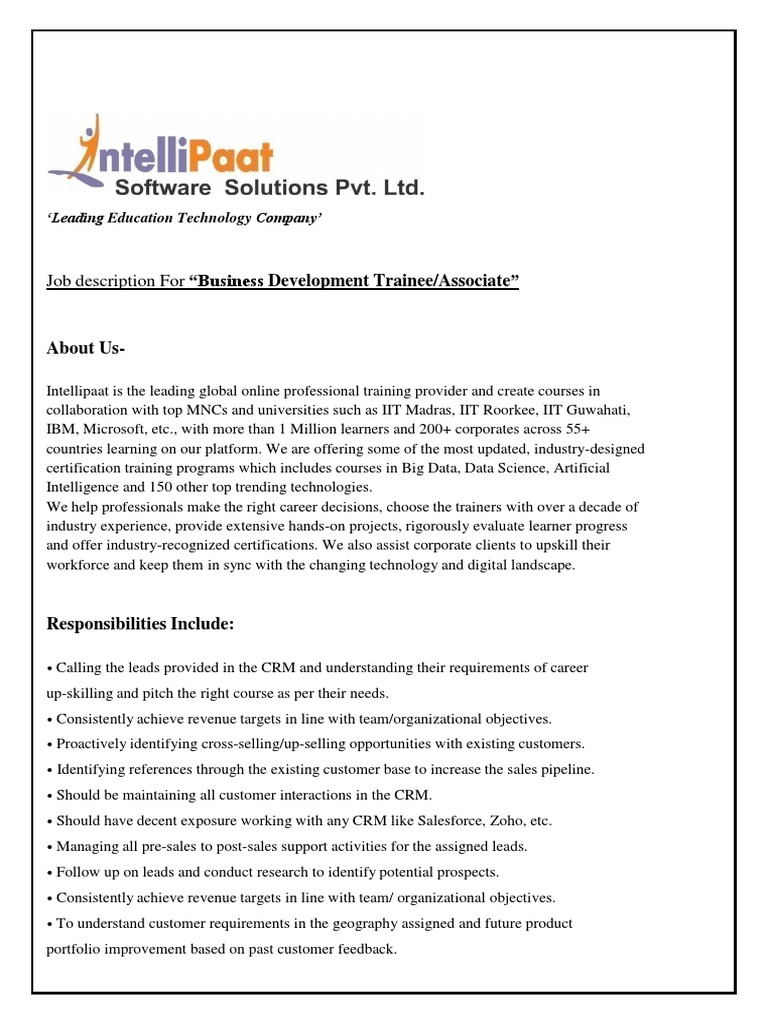 JD of Intellipaat Software Solution PVT - Ltd. | PDF | Customer ...