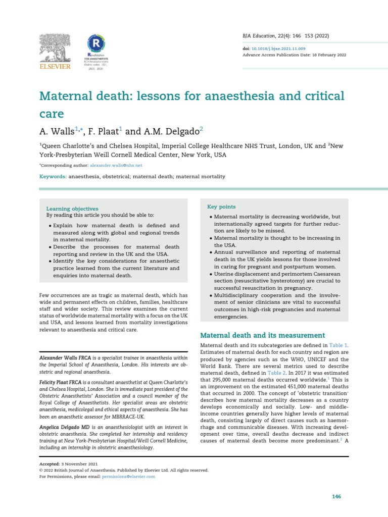 Maternal Death Lessons For Anaesthesia and Critic | PDF | Maternal ...