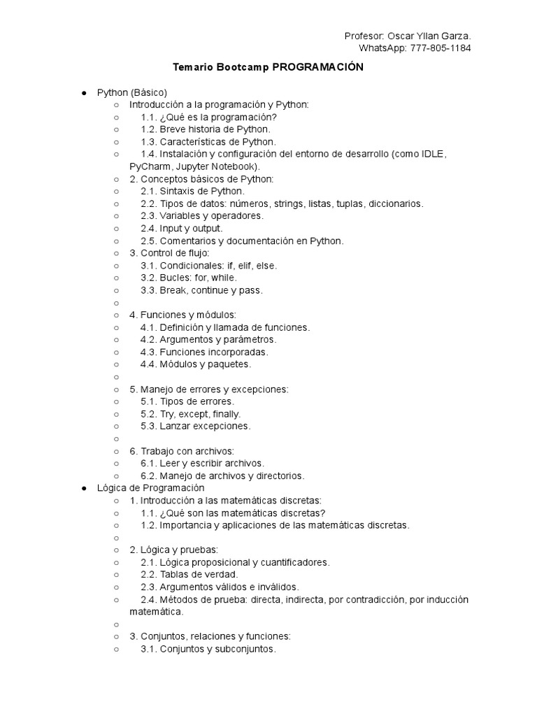 Temario Bootcamp PROGRAMACIÓN | PDF | Estadísticas | Objeto (informática)