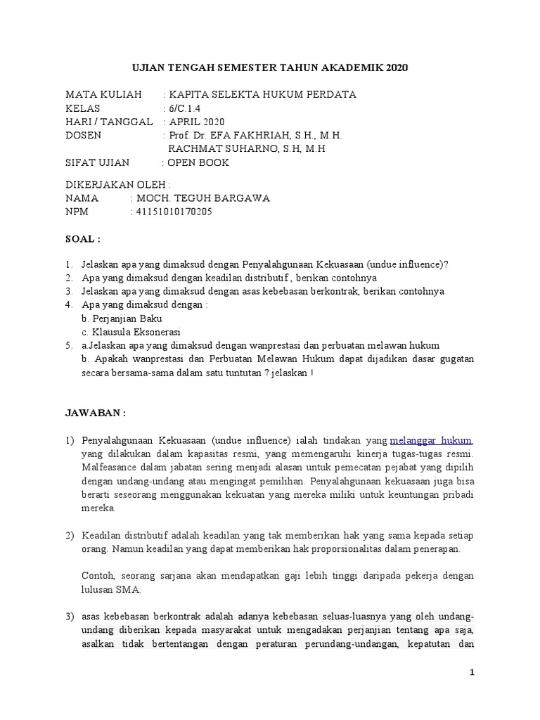 JAWABAN UTS Kapita Selekta Hukum Perdata | PDF