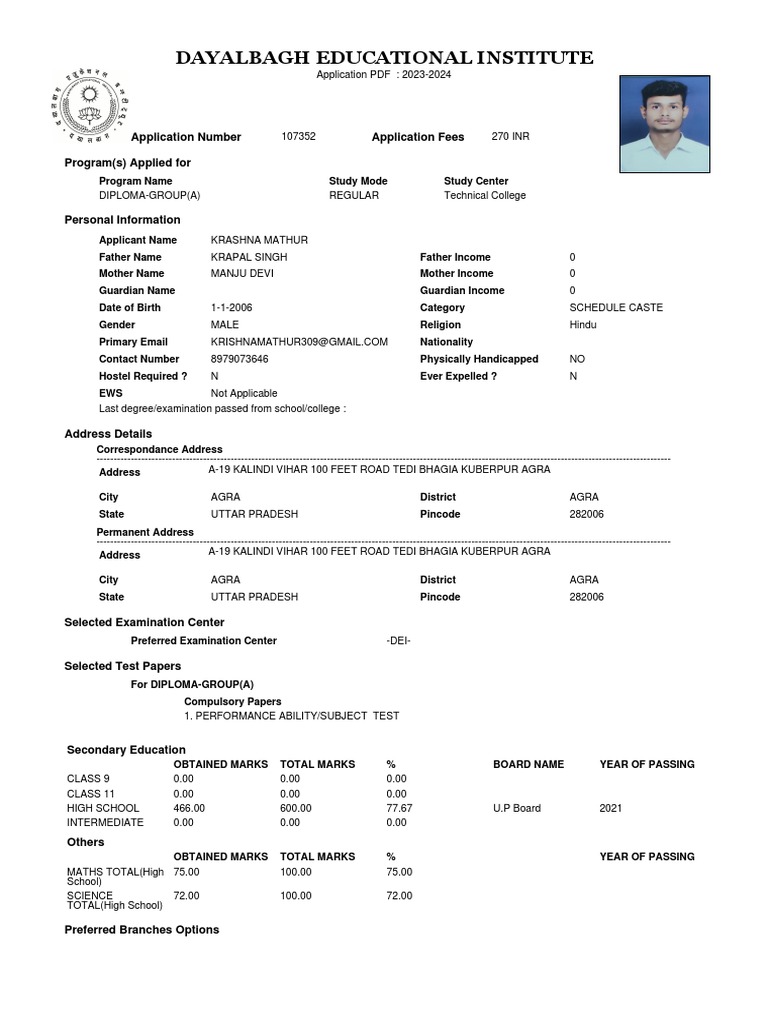 Dayalbagh Educational Institute: Application Number Application Fees | PDF