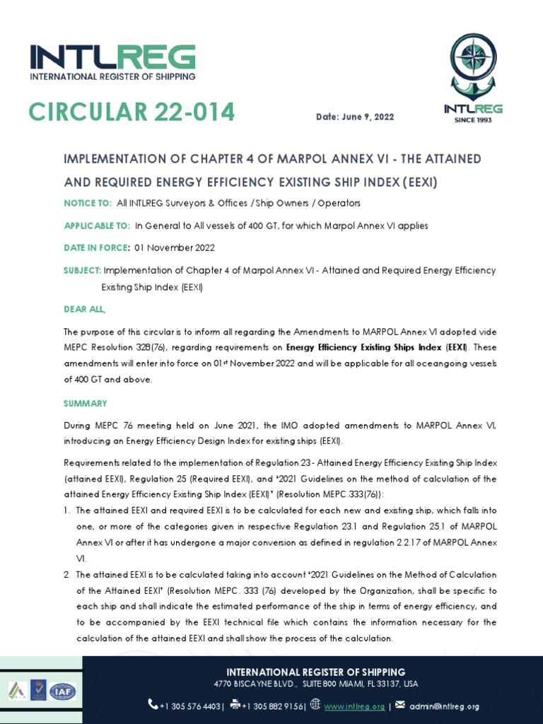 IRS CIRCULAR 22-014 - MARPOL Annex VI Amendments - Implementation of Energy Efficiency Existing ...