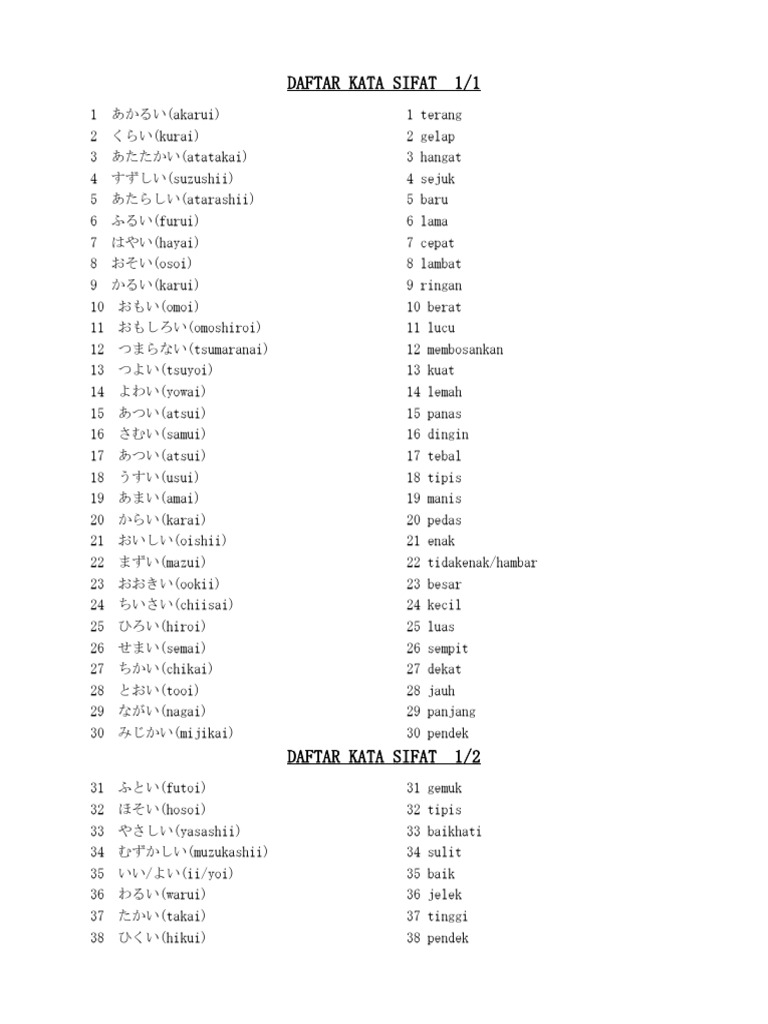 Daftar Kata Sifat Arti | PDF