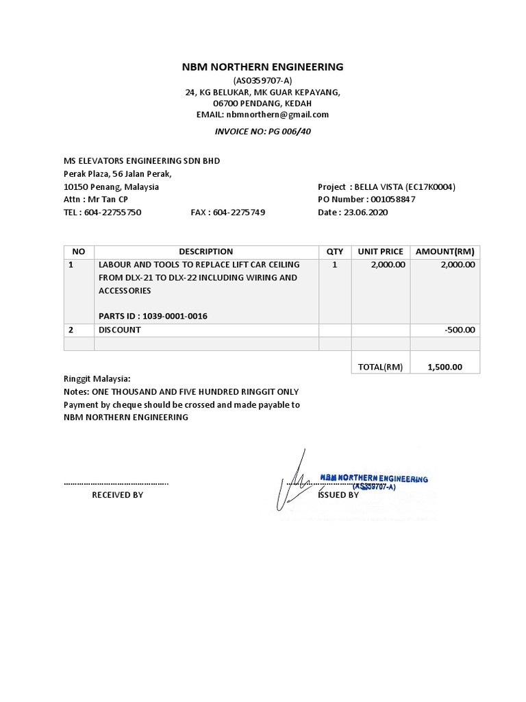 Invoice BELLA VISTA REPLACE CAR CEILING - Rev | PDF