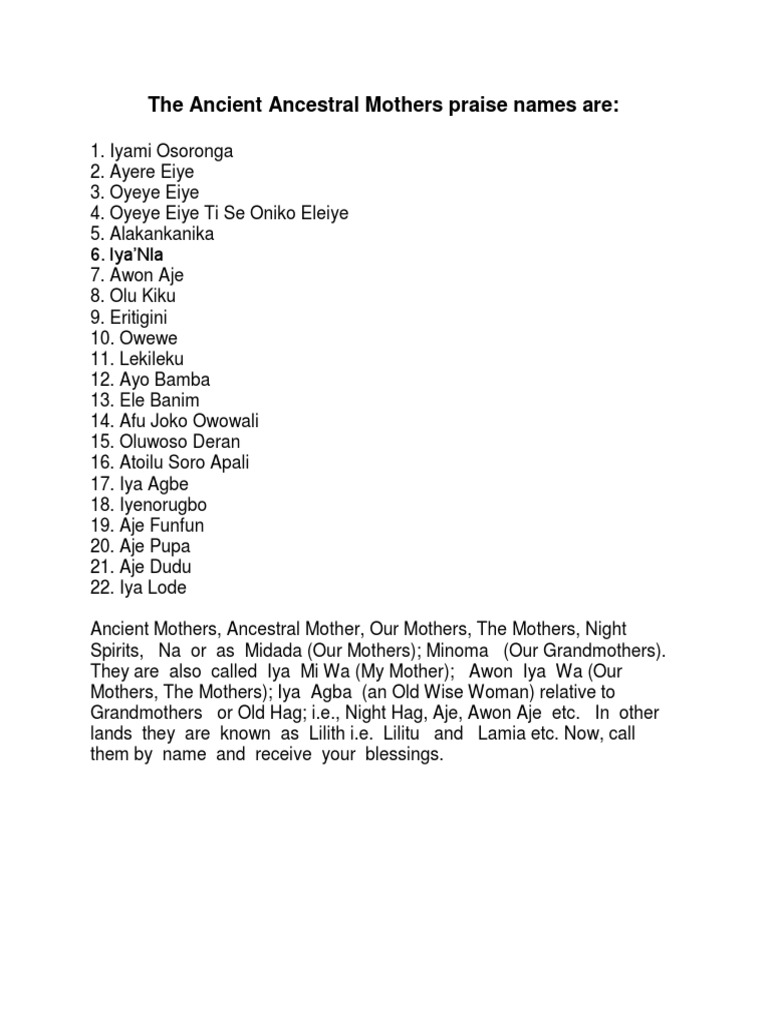 Ancestral Mothers Praise Names List | PDF | Mythology | Deities