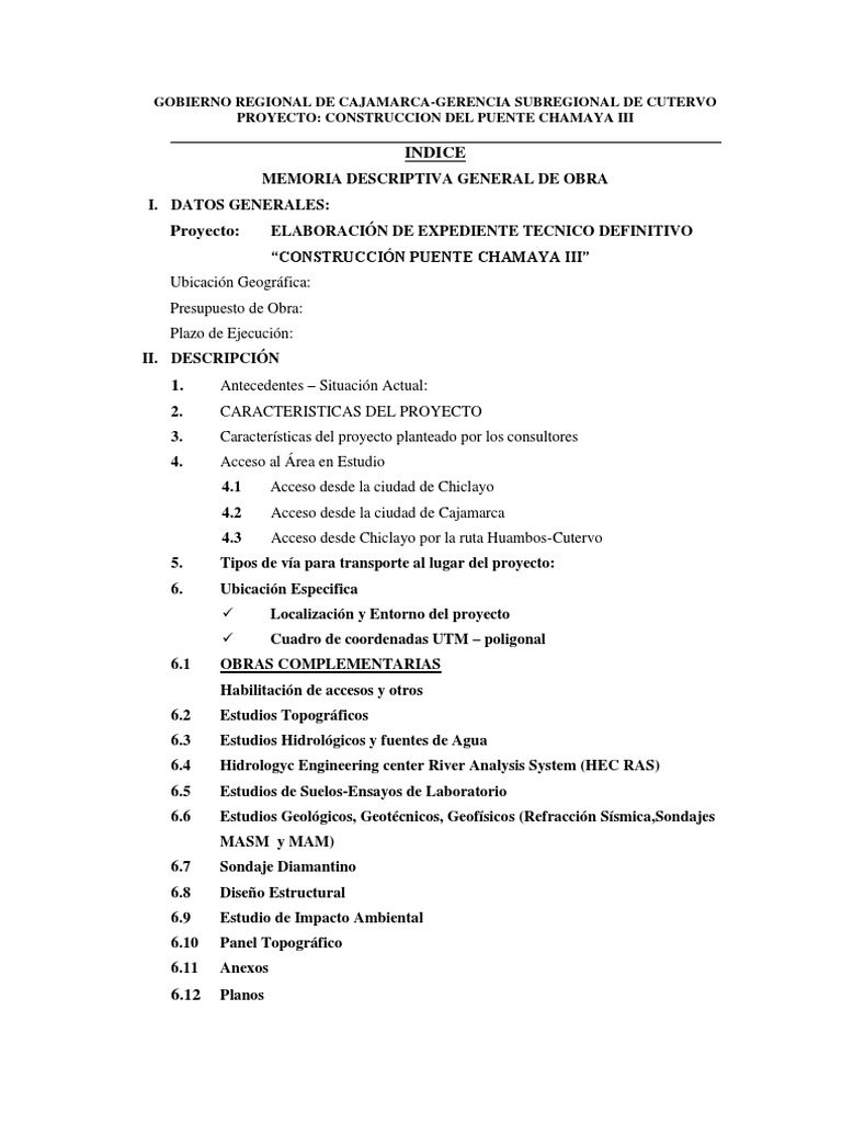 INDICE DE MEMORIA DESCRIPTIVA - PUENTE CHAMAYA III - Doc 2 | PDF ...