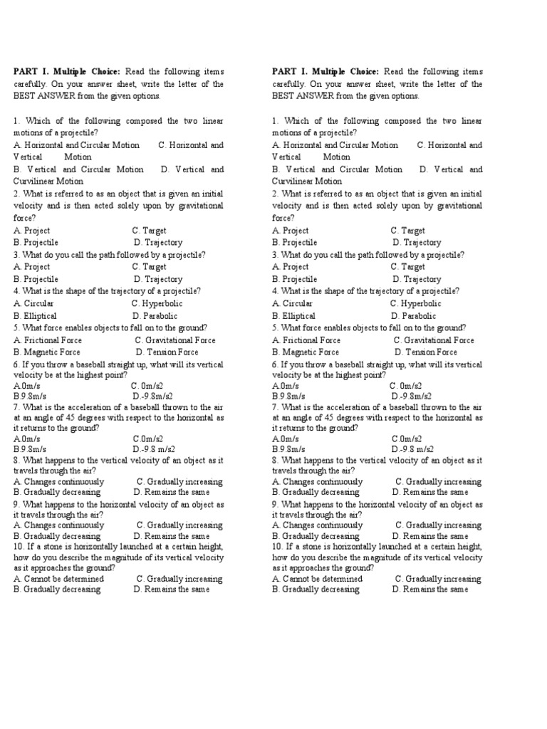 Q4 WORKSHEET NO. 1 - Horizontal and Vertical Motions of A Projectile | PDF | Force | Physical ...
