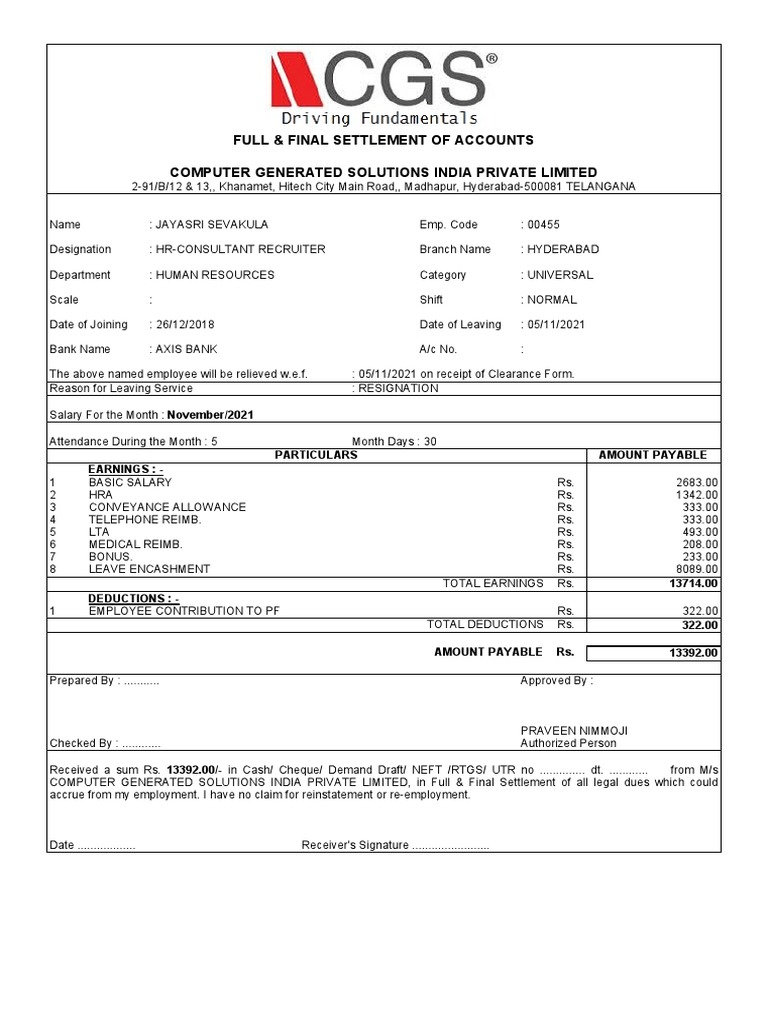 Employee Final Settlement Details | PDF