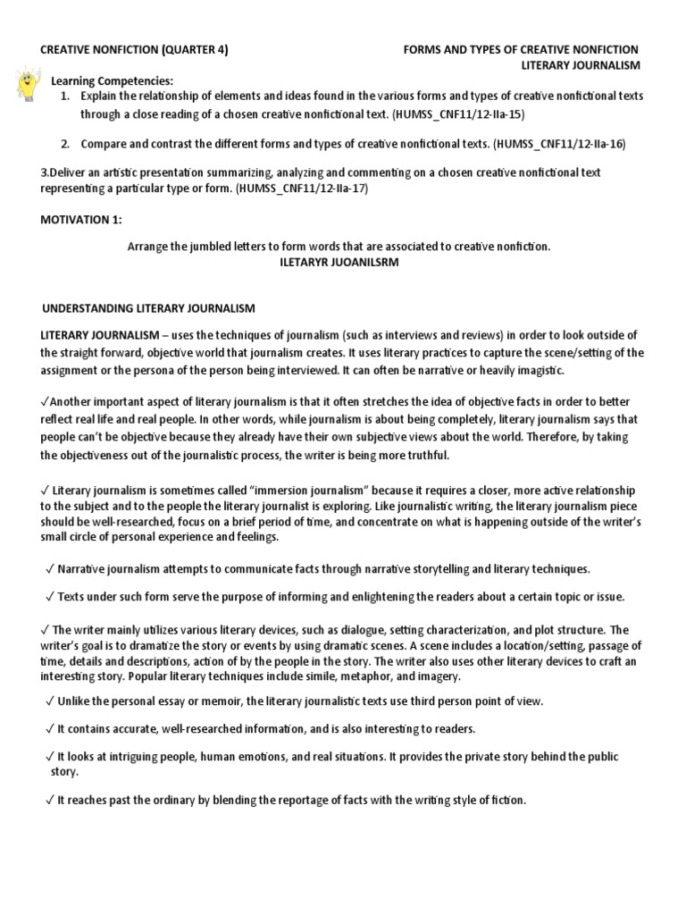 Handout 4 Literary Journalism | PDF | Creative Nonfiction | Essays