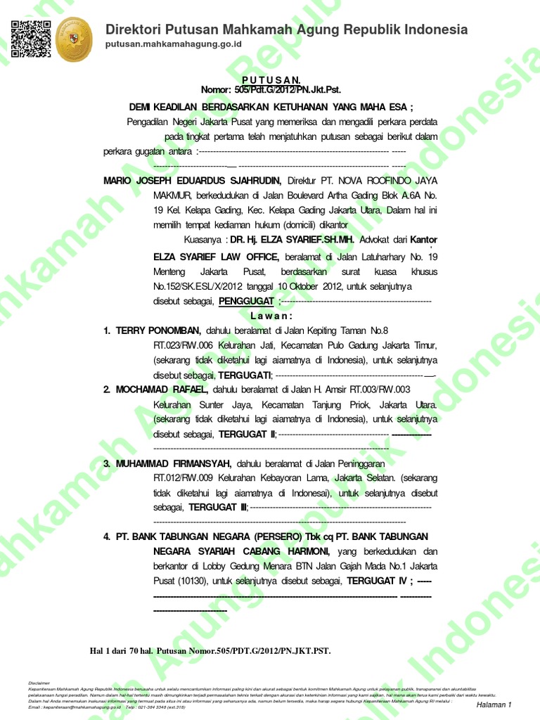 Putusan 505 PDT.G 2012 PN - Jkt.pst. 20221229165309 | PDF