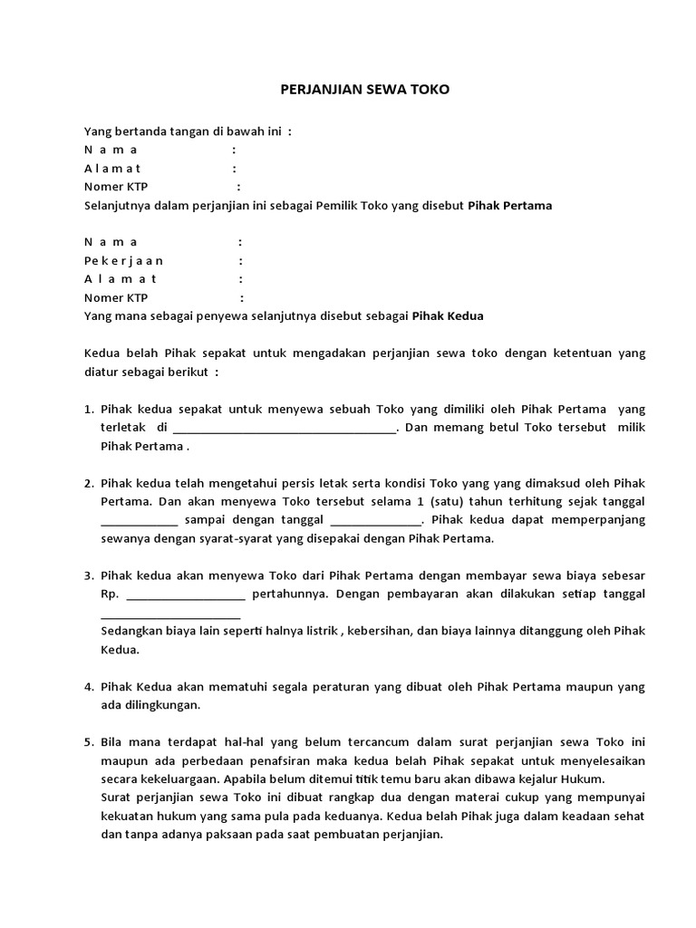 Perjanjian Sewa Toko Tahun 2023 | PDF