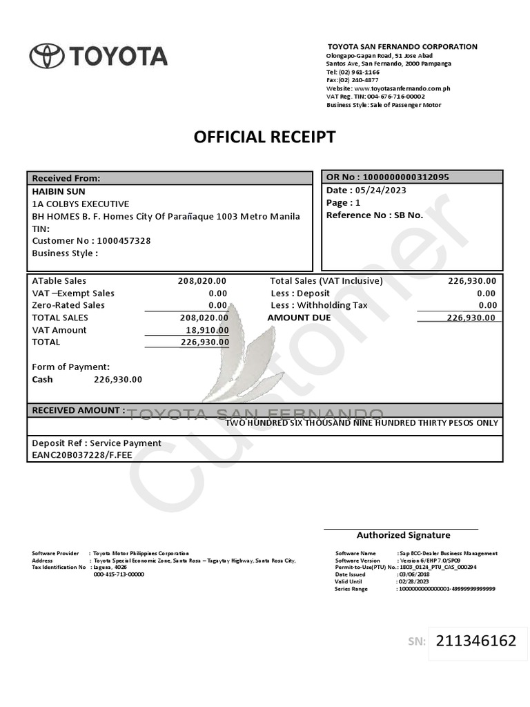 Toyota San Fernando Official Receipt | PDF