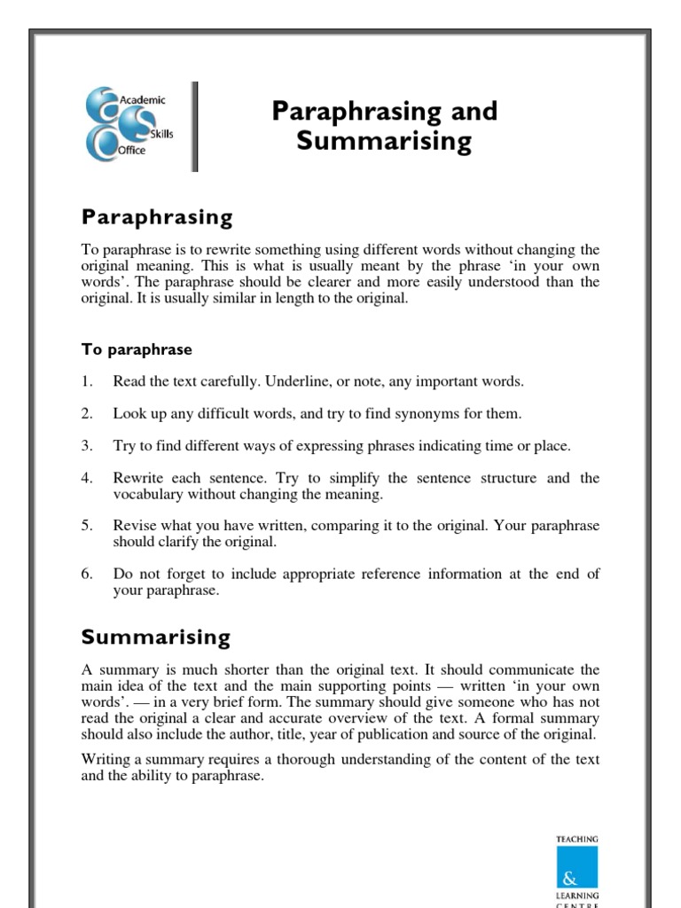 Paraphrasing | Paragraph | Word