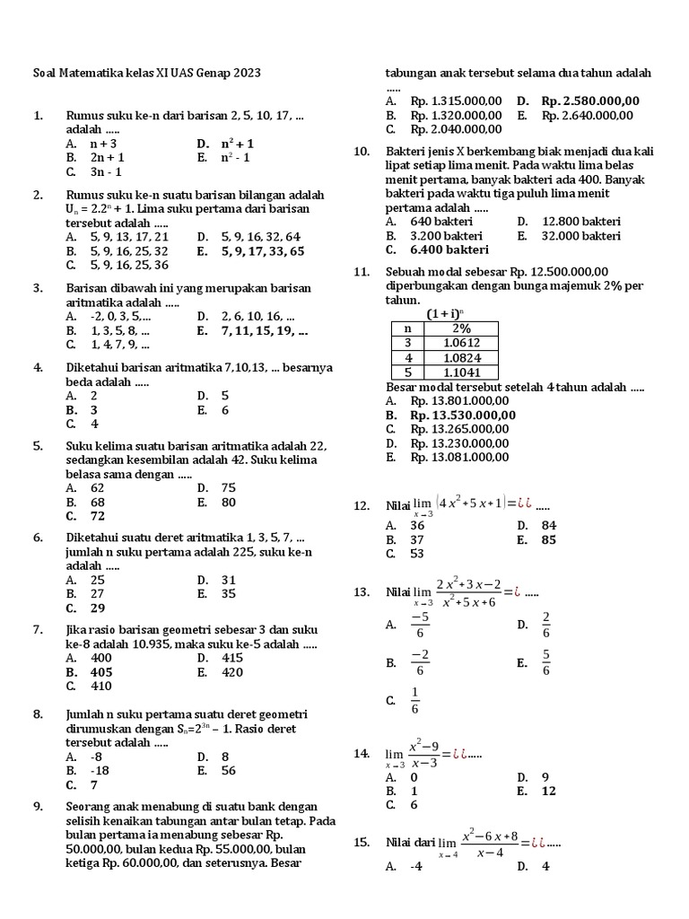 Soal PAT Genap CBT Matematika XI 22-23 | PDF