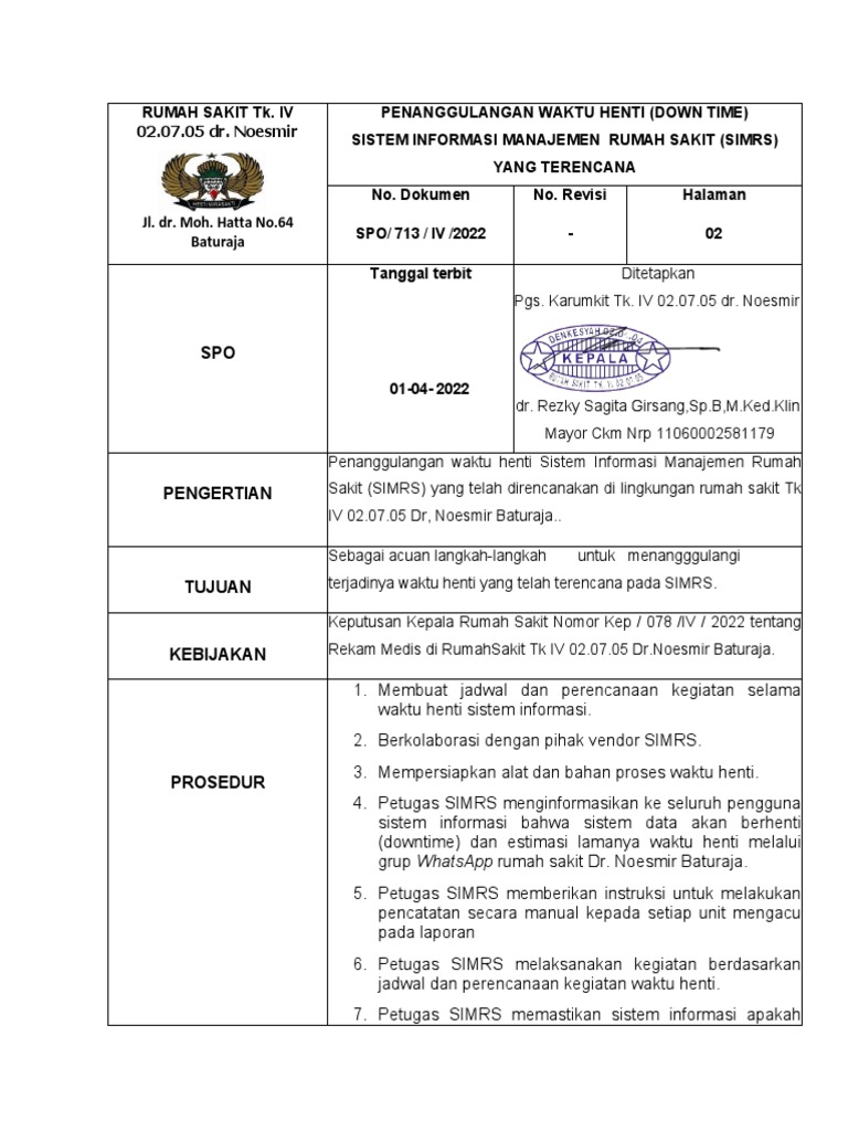 Sop Penanggulangan Waktu Henti (Down Time) | PDF
