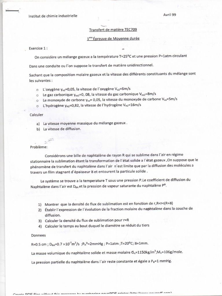 Transfert de matière dans un mélange gazeux | PDF