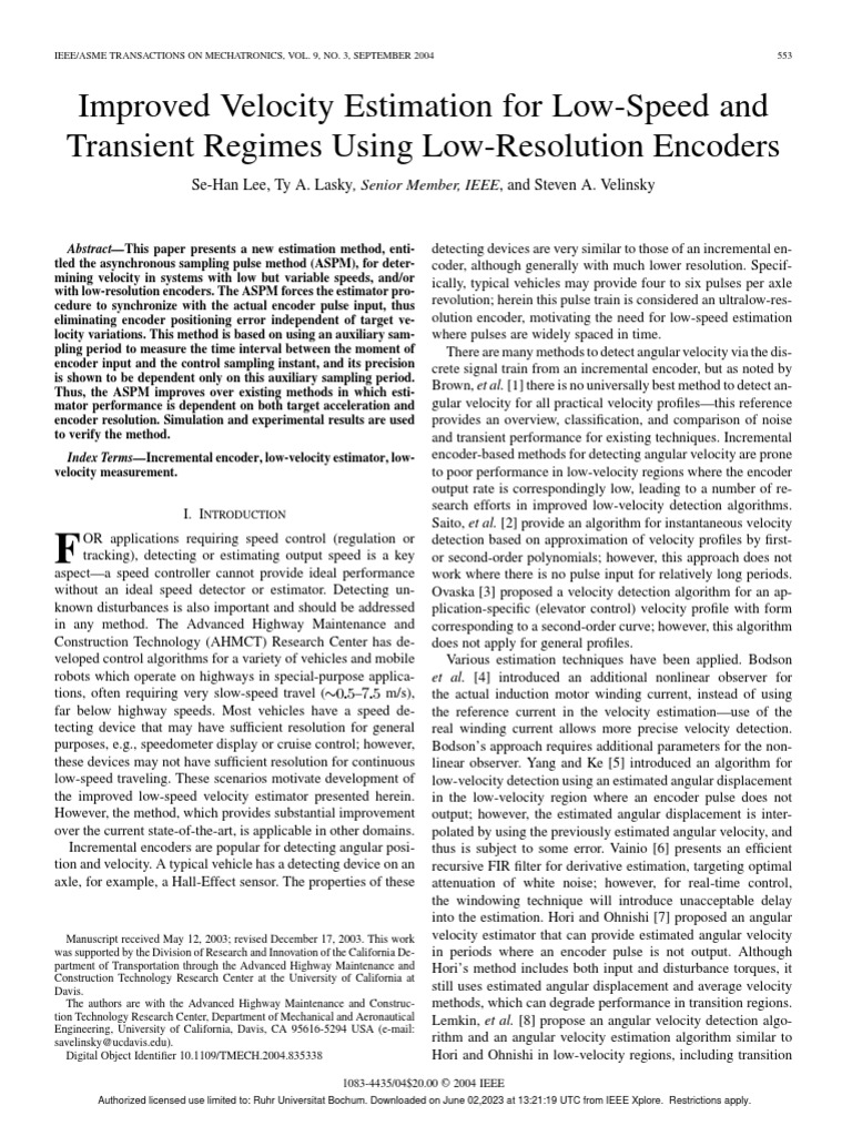 Improved Velocity Estimation For Low-Speed and Transient Regimes Using Low-Resolution Encoders ...