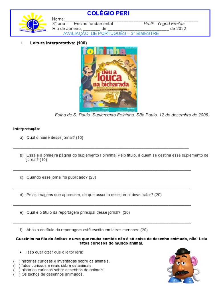 Prova de Português 3 Ano 3b | PDF | Linguística