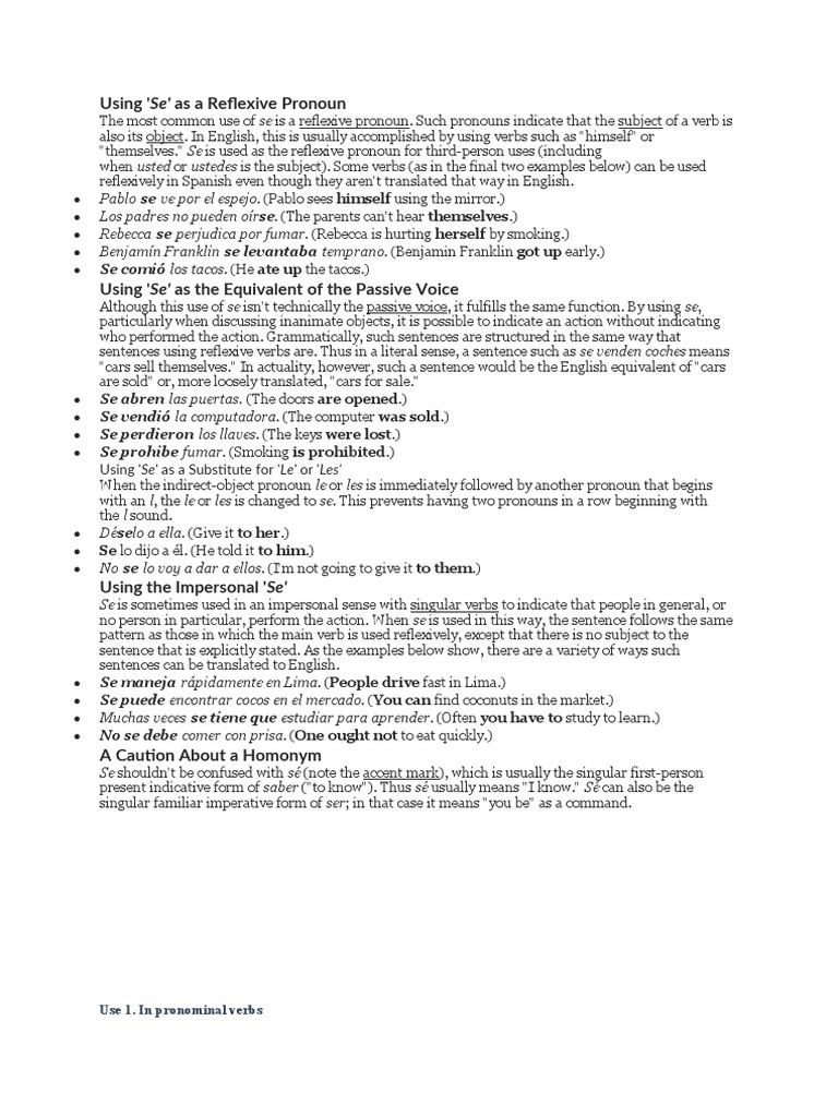 Preterito Oerfecto y Use Se | PDF | Pronoun | Subject (Grammar)