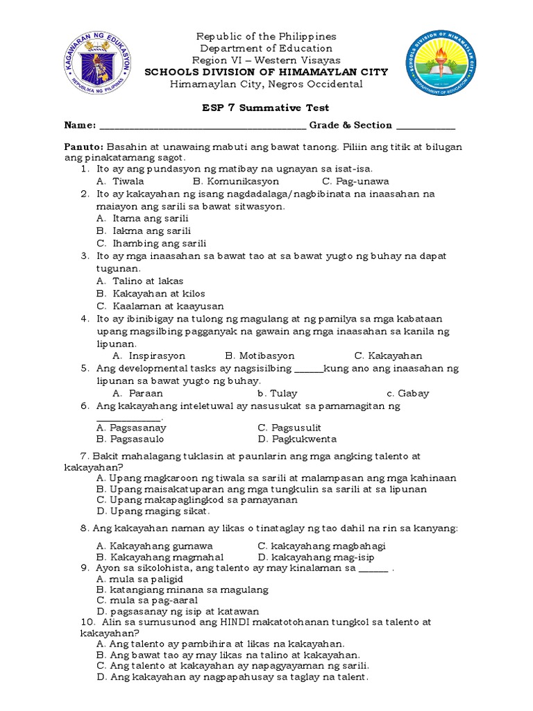 ESP Summative Test2 G7 QUARTER 2 | PDF