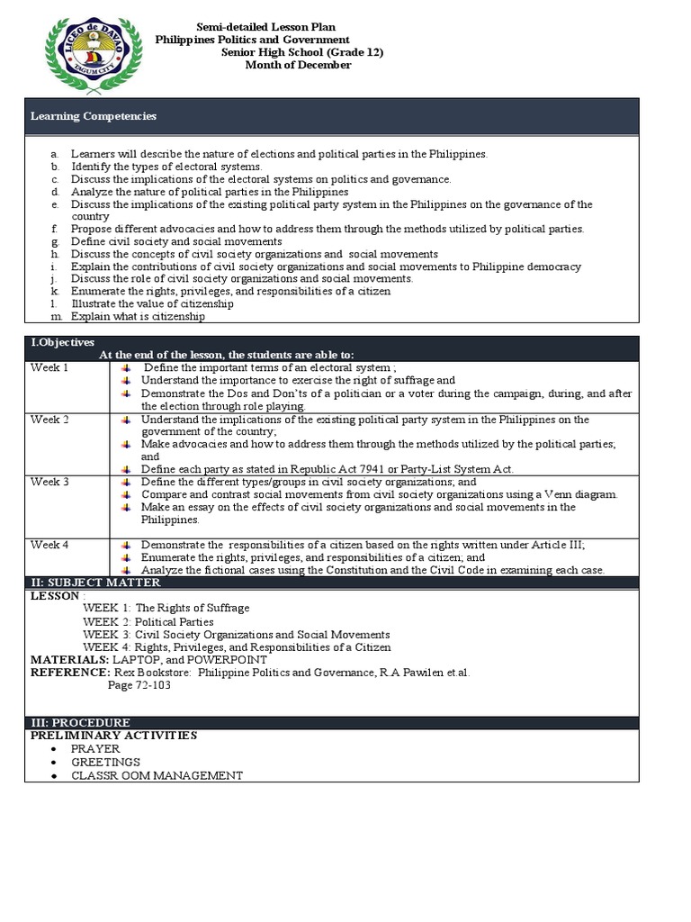 Philippine Politics Lesson Plan for Grade 12 | PDF | Elections ...