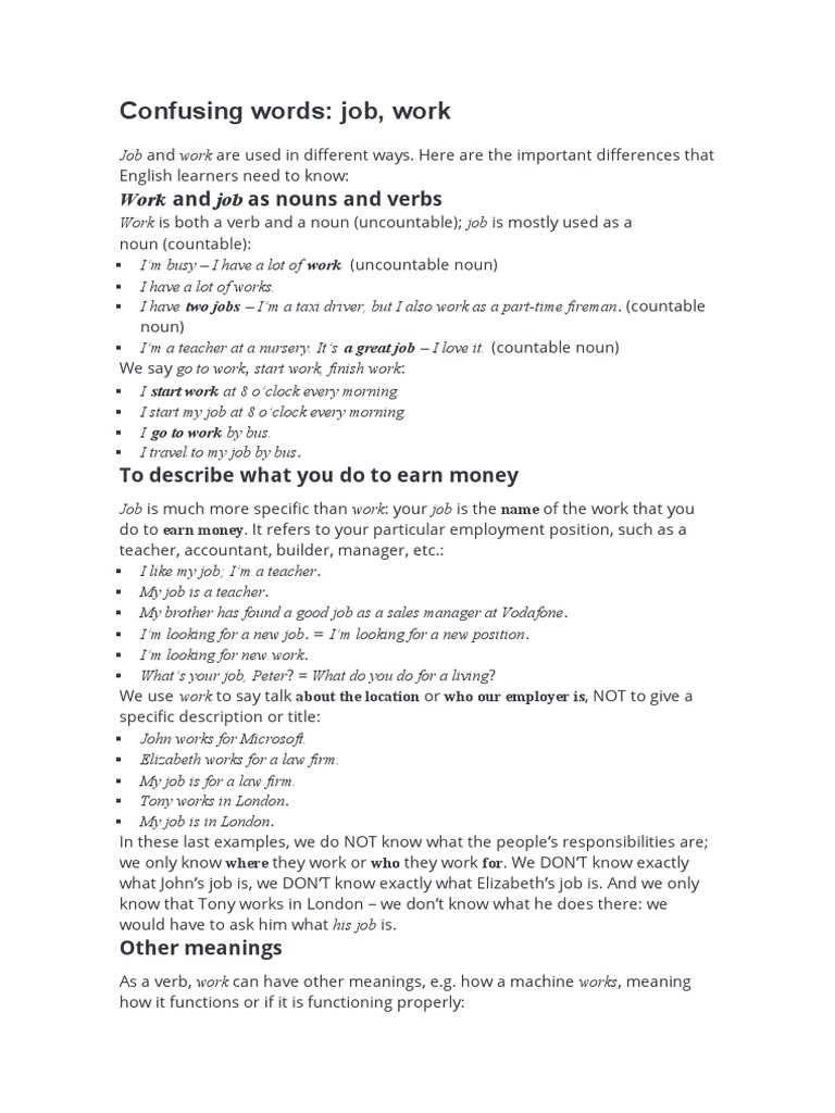 Work VS Job | PDF | Noun | Linguistics