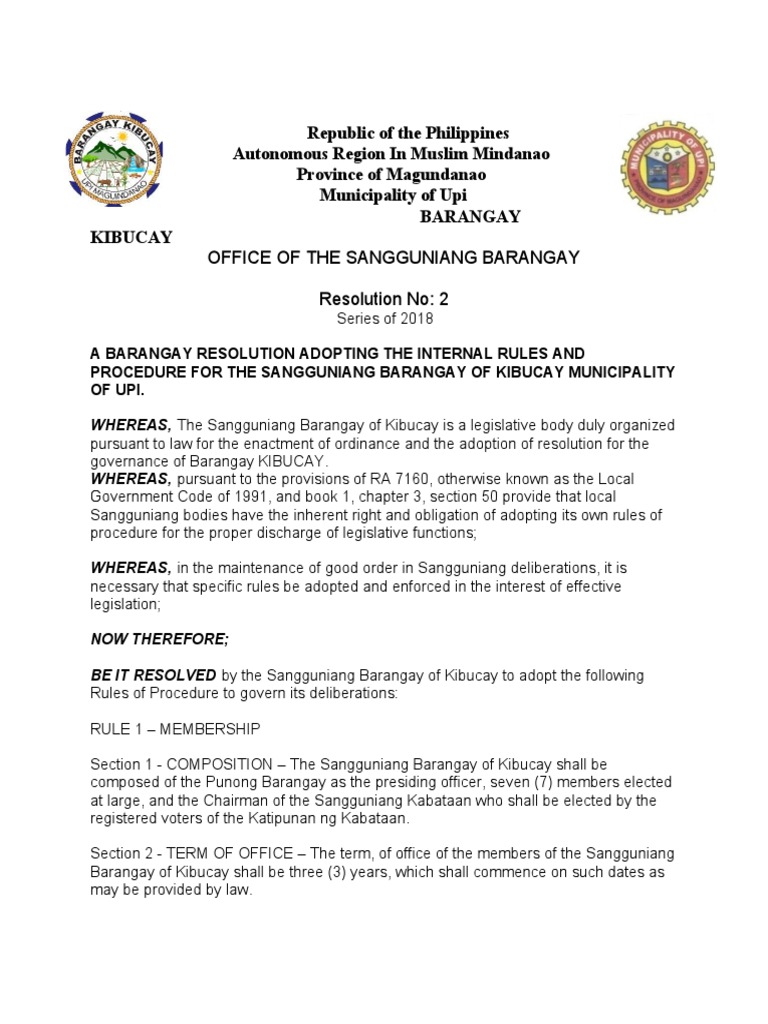 Barangay Kibucay Internal Rules Adoption | PDF | Quorum | Oath Of Office