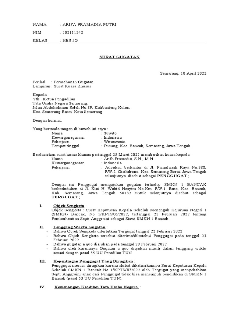 Surat Gugatan Perdata Arifa | PDF