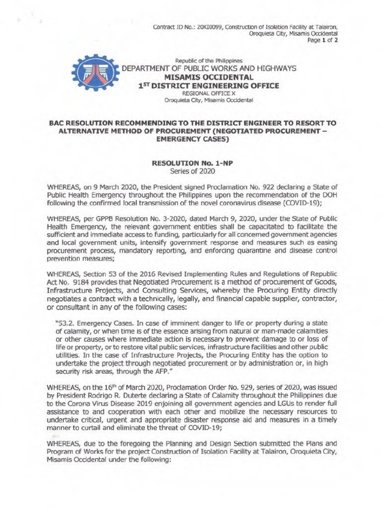 Resolution No. 01 (Negotiated Procurement) - 20KI0099 | PDF ...