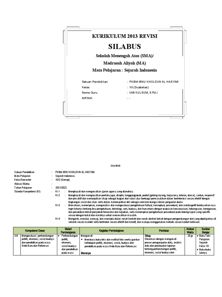 PKBM IBKH Silabus Sejarah Kelas XII | PDF
