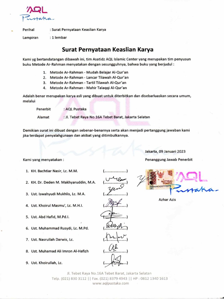 Surat Pernyataan Keaslian Karya ISBN 2023 Tim Assatidz AQL Islamic ...