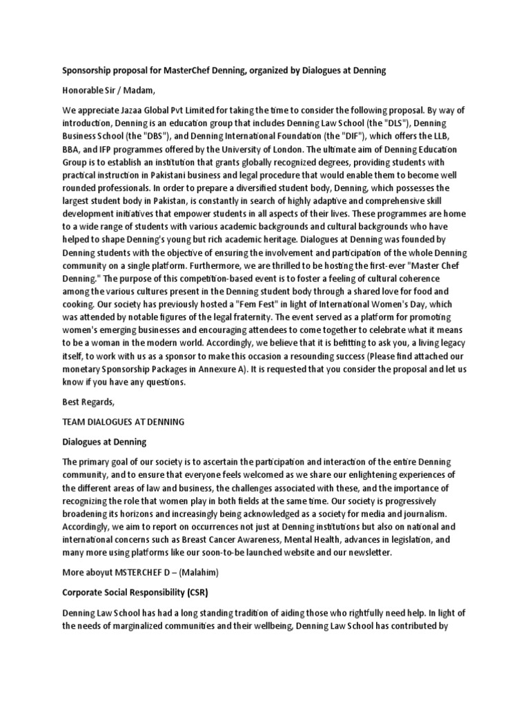 Sponsorship Proposal For MasterChef Denning EDIT VERSION | PDF