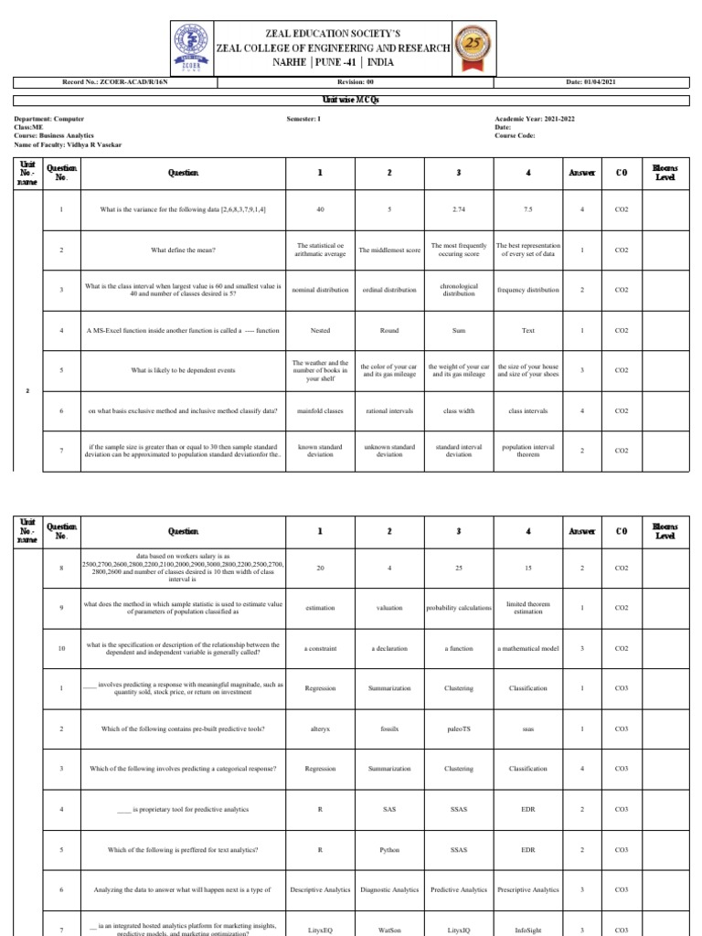Business Analytics MCQ Student | PDF | Regression Analysis | Linear Regression