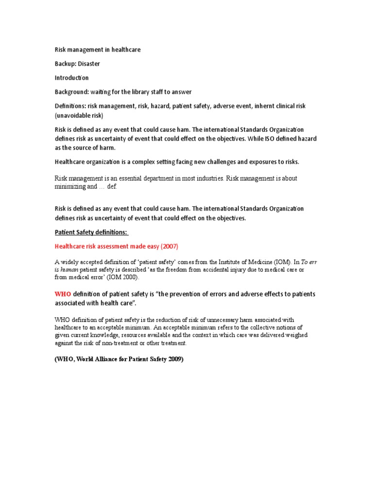 DRAFT Risk Management in Healthcare | PDF | Risk | Patient Safety