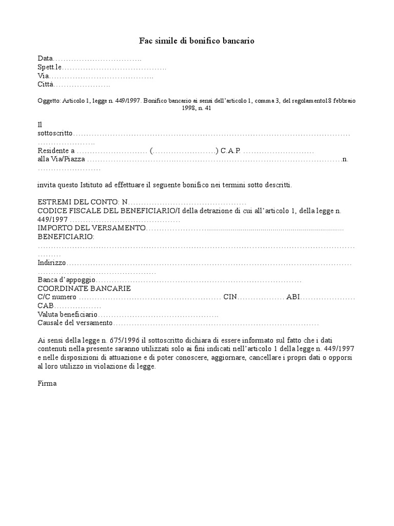 Fac Simile Modulo Bonifico Bancario | PDF