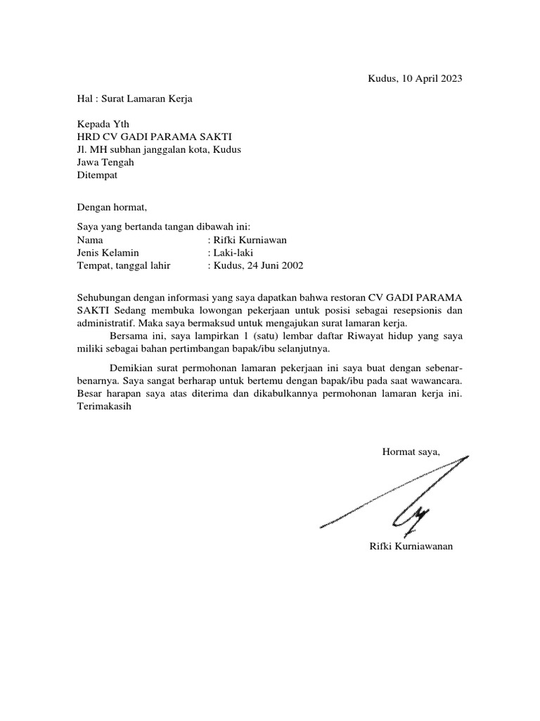 Lamaran Kerja Rifki CV GADI PARAMA SAKTI | PDF | Karier & Perkembangan | Hukum