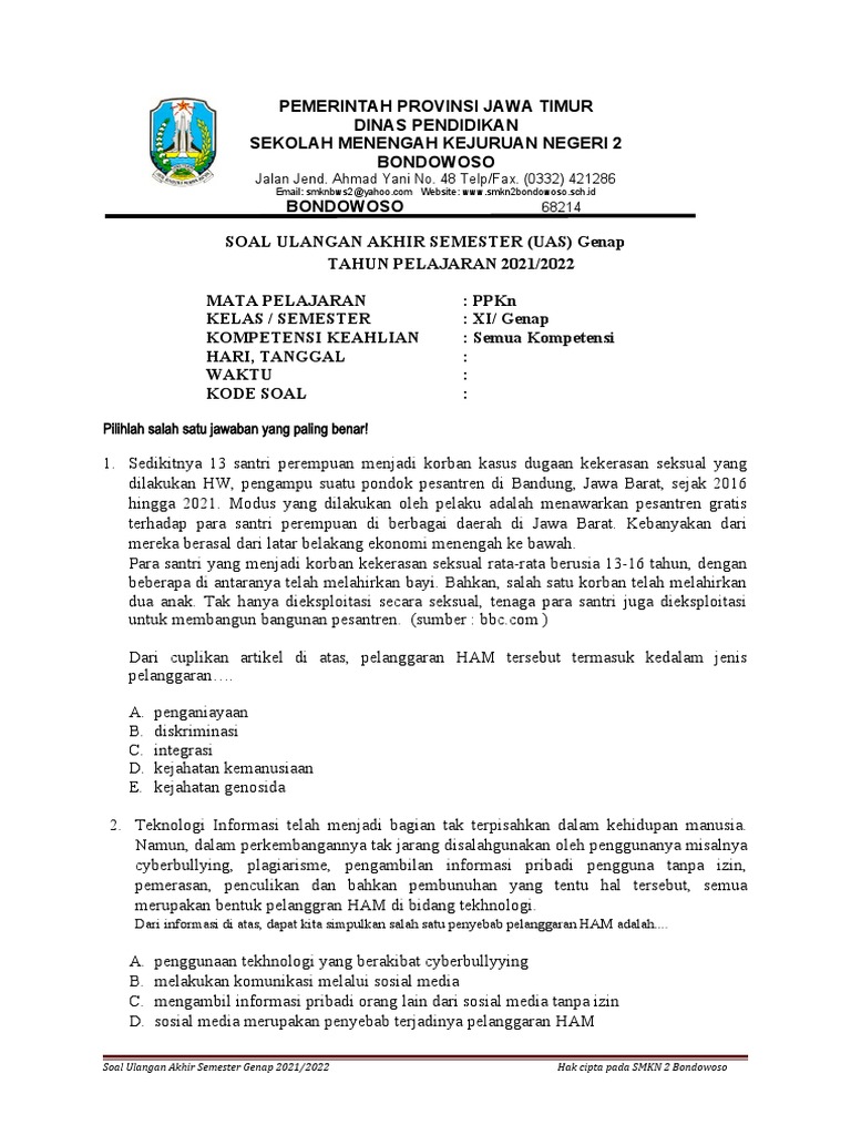 Soal PPKN Kelas XI Genap 2022 | PDF | Politik | Kesehatan Holistik