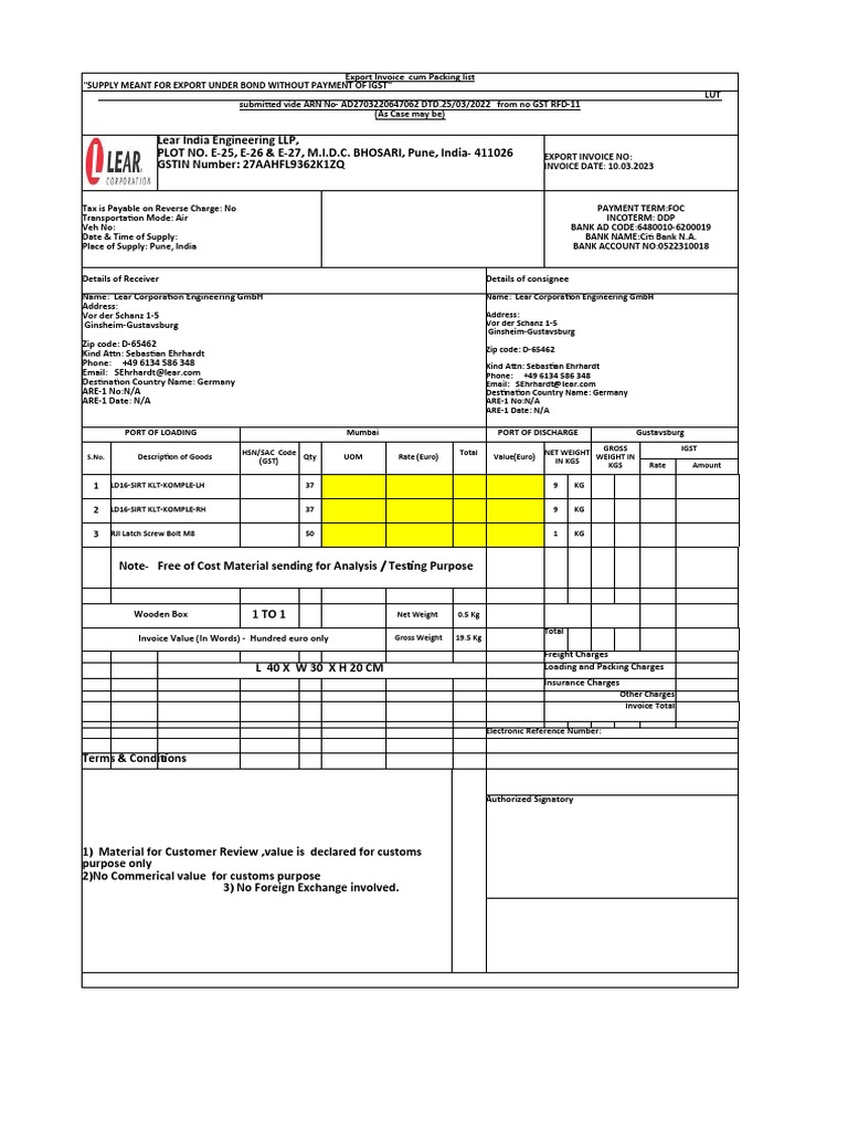 Export Invoice Cum Packing List - Germany - 23.05.23 - 2 | PDF