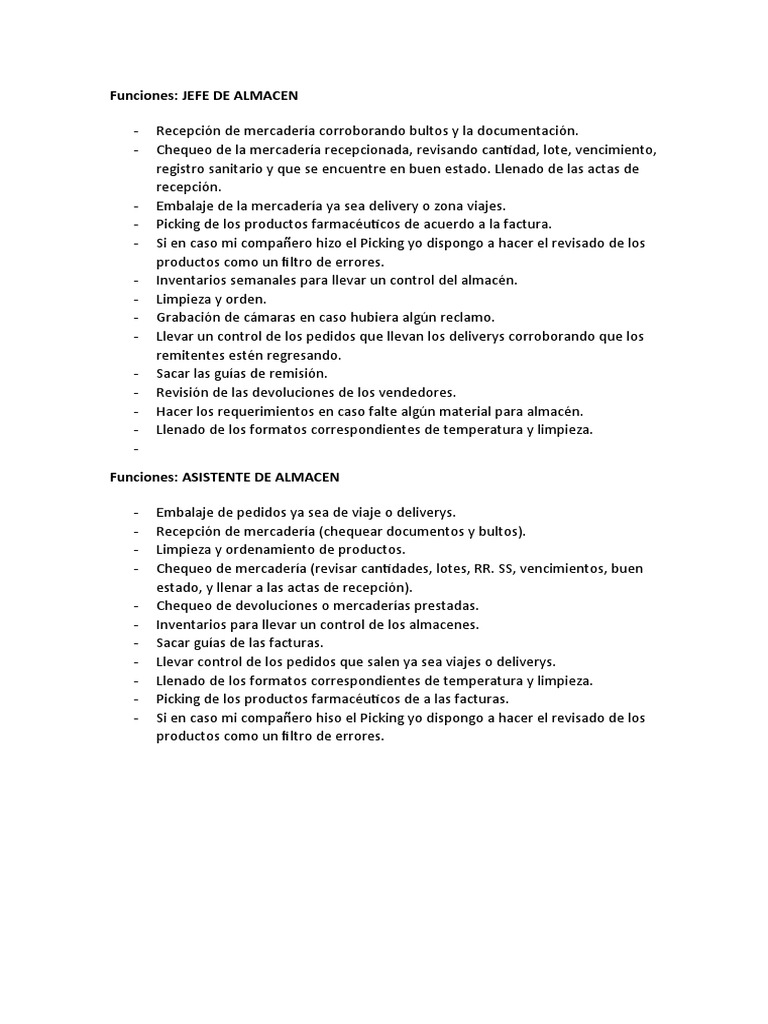 Funciones de Almacenero | PDF